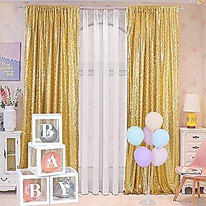 Blxsif Gold Sequin Backdrop Curtains - 2 Panels 2.5x8FT Glitter Gold Photo Backdrop Party Wedding Baby Shower Curtain Sparkle Photography Background
