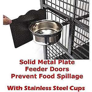 64" Extra Large Corner Bird Flight Breeding Wrought Iron Rolling Parrot Cage Side Solid Metal Plate Feed Doors Pull Out Metal Grate and Tray with Around Metal Seed Guard