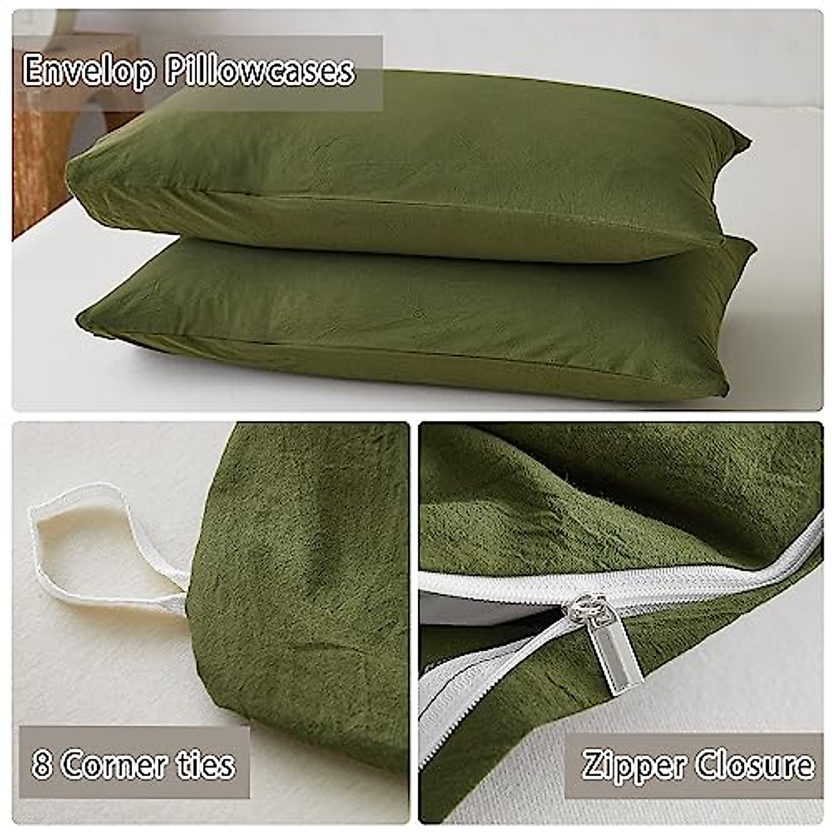TOCOMOA Duvet Cover Set Queen Size, 100% Washed Cotton Like Linen Textured, 3 Piece Olive Green Bedding Set Soft Breathable, Ideal for Sweating Groups, Simple Style Farmhouse Comforter Cover