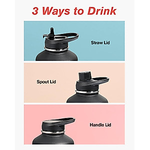 Coolflask 64 oz Insulated Water Bottle with Strap & Sleeve, Half Gallon Water Jug 3 Lids Stainless Steel Multifunctional Flask BPA-Free, Keep 48H Cold 24H Hot, Compact Yoga/Gym Bottle, Black