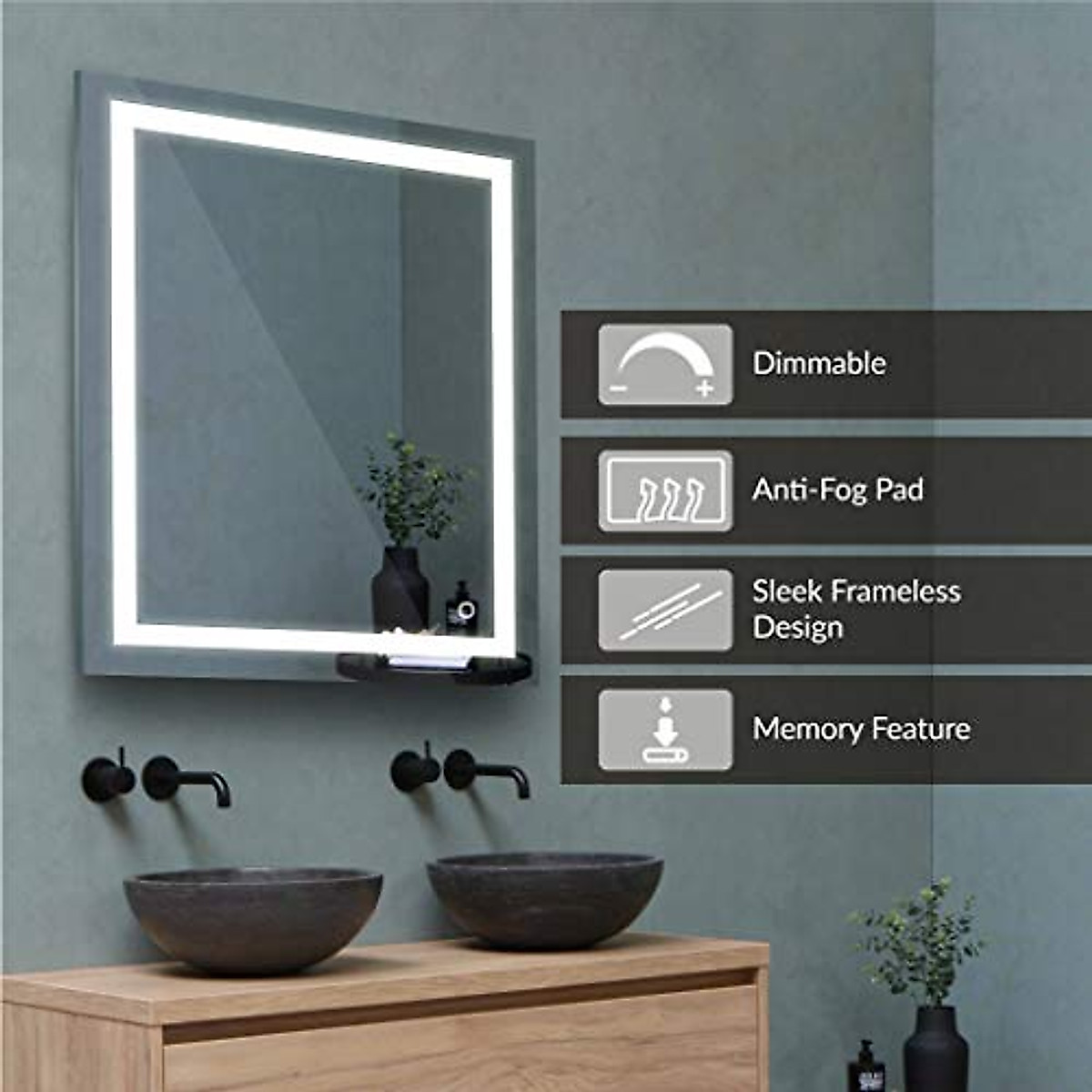 Homewerks 100160 30x36 inches LED Bathroom Mirror Wall Mounted Frameless Anti-Fog Dimmable Light 1600 Lumen Ultra Bright White 5000 Kelvin, Single Color