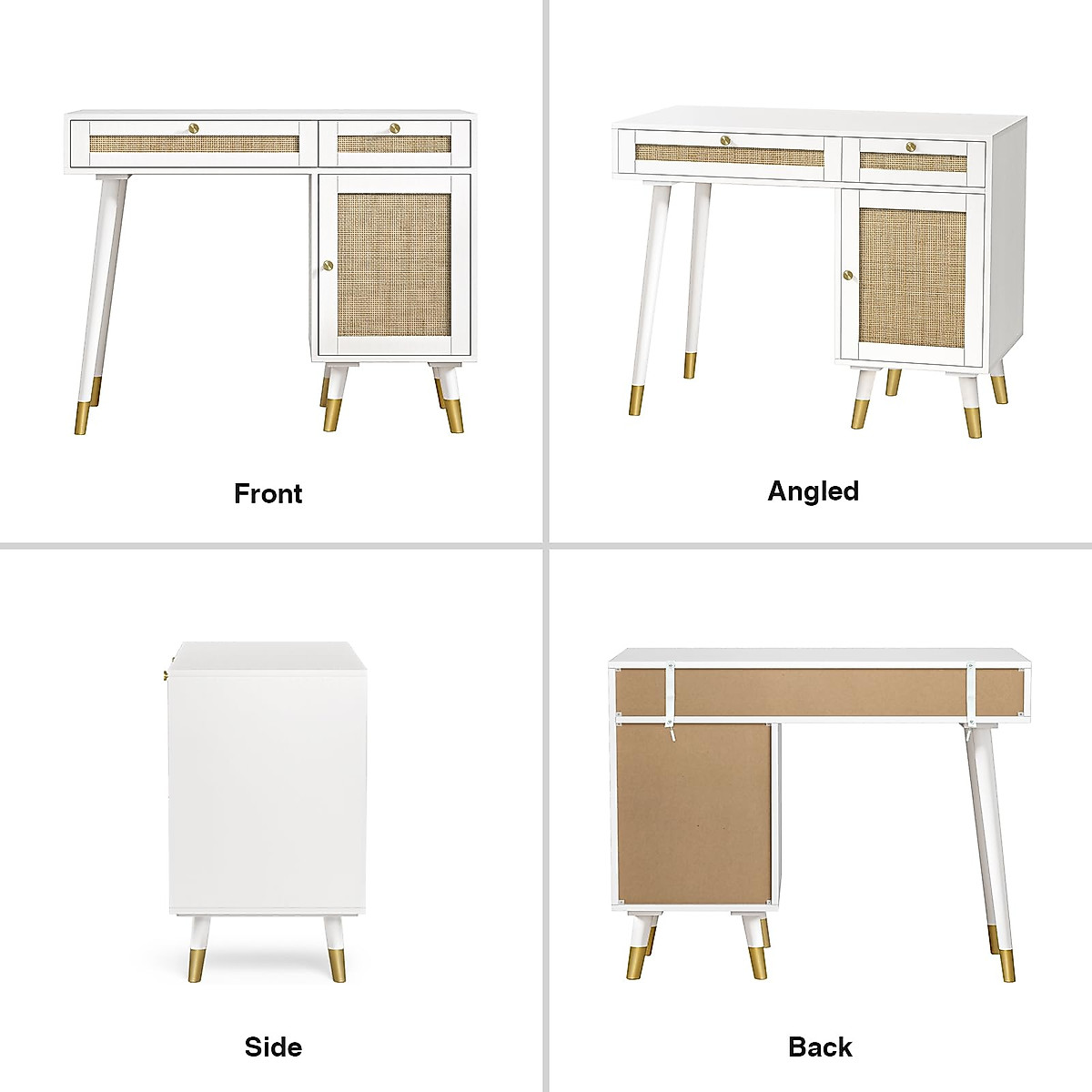 Anmytek Rattan Vanity Desk with Drawers and Storage, White Makeup Vanity Table Modern Home Office Desk Computer Desk for Study D0006