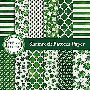 Whaline 12 Designs St. Patrick's Day Pattern Paper Pack 24 Sheet Green Shamrock Stripe Clover Dot Scrapbook Paper Double-Sided Decorative Craft Paper Folded Flat for Card Making Scrapbook, 30 x 30cm