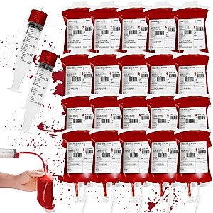 20 Packs Halloween Blood IV Bags for Drinks Reusable Container Drinks Pouches for Vampire Zombie Theme Party Decoration Supplies with Syringe and Clips, 10.15 fl.oz (20pcs Bag, 20 Label, 2 Syringes)