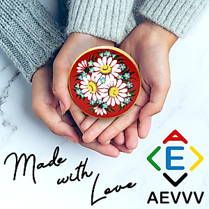 AEVVV Red Round Wooden Trinket Box with Lid for Jewelry - Decorative Wooden Box with Hand Painted Slavic Floral Design - Lacquer Engagement Ring Box Flowers