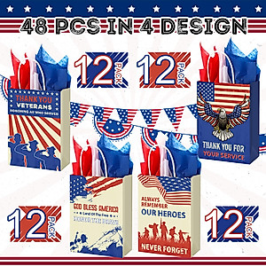 Cholemy 48 Pcs Veterans Day Patriotic Thank You Gift Bags with Red White Blue Tissue Paper Vintage American Treat 4th of July Goodie Bags with Handles Independence Day Party Gift Wrap Bags