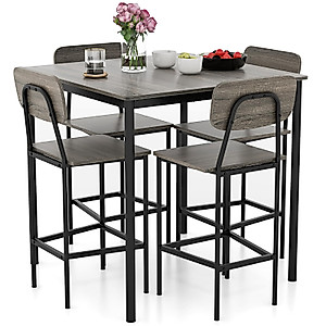 Giantex 5-Piece Dining Table Set W/Counter Height Table & 4 Bar Stools, Modern Kitchen Dining Set W/Footrest & Backrest, Space-Saving Dinette Set for Pub, Dining Room, Restaurant (Black Oak)