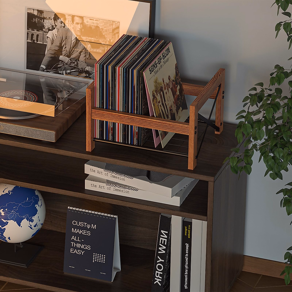 X-cosrack Vinyl Record Holder,Fits 7” -12” Records,Store Up to 100Albums,DVDs,or CDs-Wood Book Storage Stand,File Folder Racks,Modern Design,Brown