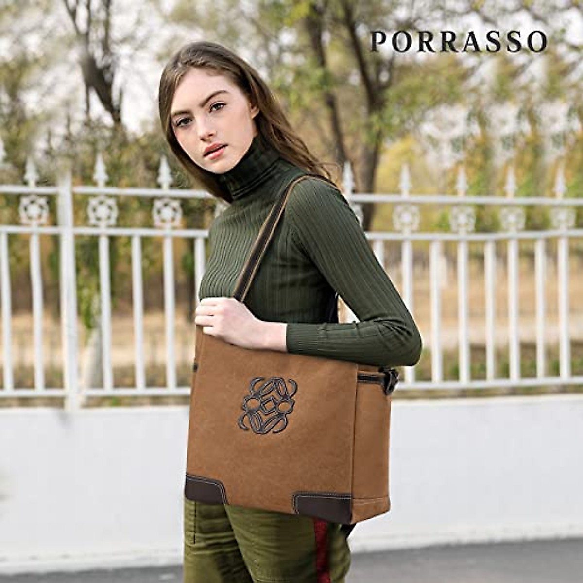 PORRASSO Crossbody Bag Women Shoulder Bag Canvas Handbag Girl Tote Bag Messenger Bag for Work School Travel Daily Use Brown