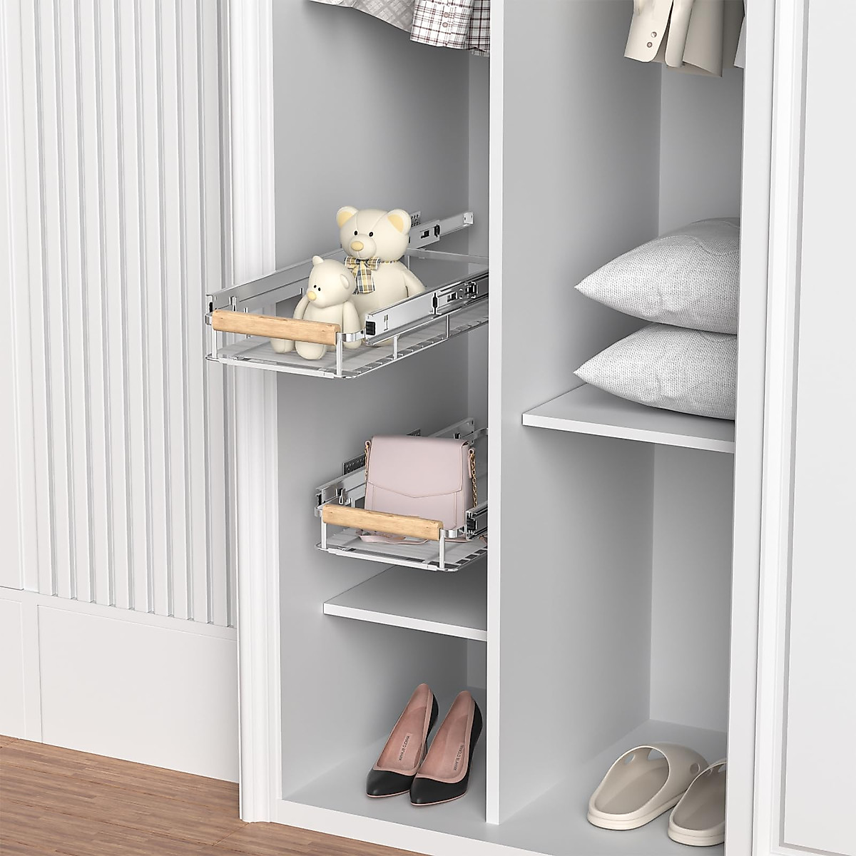 FESDOS Roll-Out Extendable Sliding Basket Pull-Out Cabinet Organizer Slide Out Pantry Shelves Cabinet Shelves for Kitchen, Under Sink, Bathroom, Wardrobe, Opening Size Required 12.3"-18.1", Set of 2