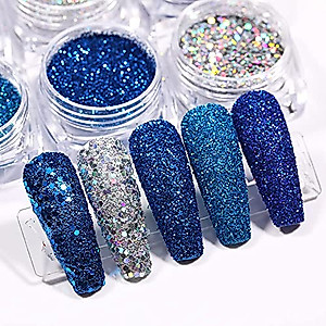 6 Boxes Holographic Nails Glitter Powder Nail Art Supplies Metallic Shining Flakes Blue Silver Nail Glitter Set for Nails Art Decoration