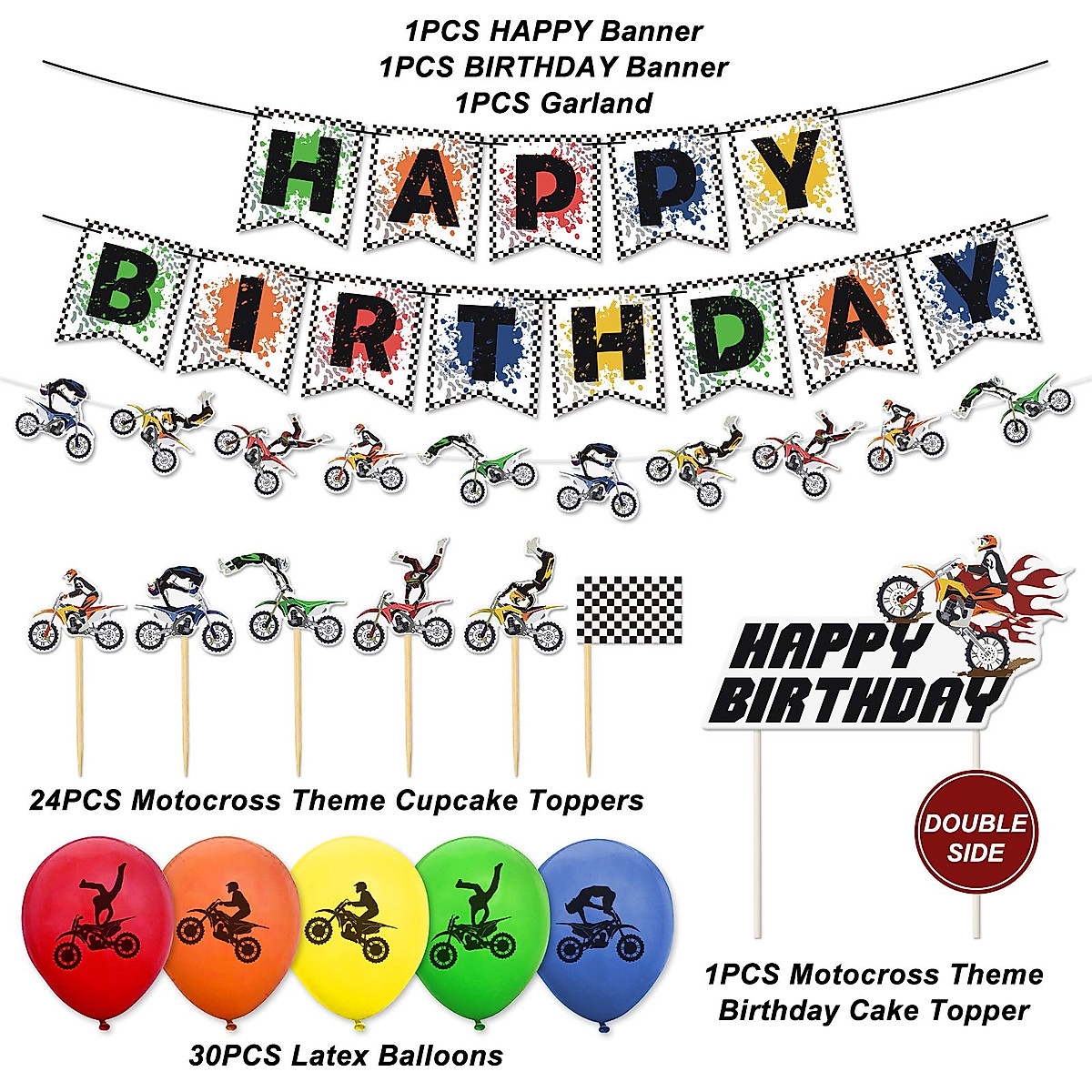 57Pcs Motocross Birthday Party Supplies Dirt Bike Garland Banner Cake Topper Motorcycle Cupcake Toppers Latex Balloons Set for Dirt Bike Extreme Sports Racing Party Boy Birthday