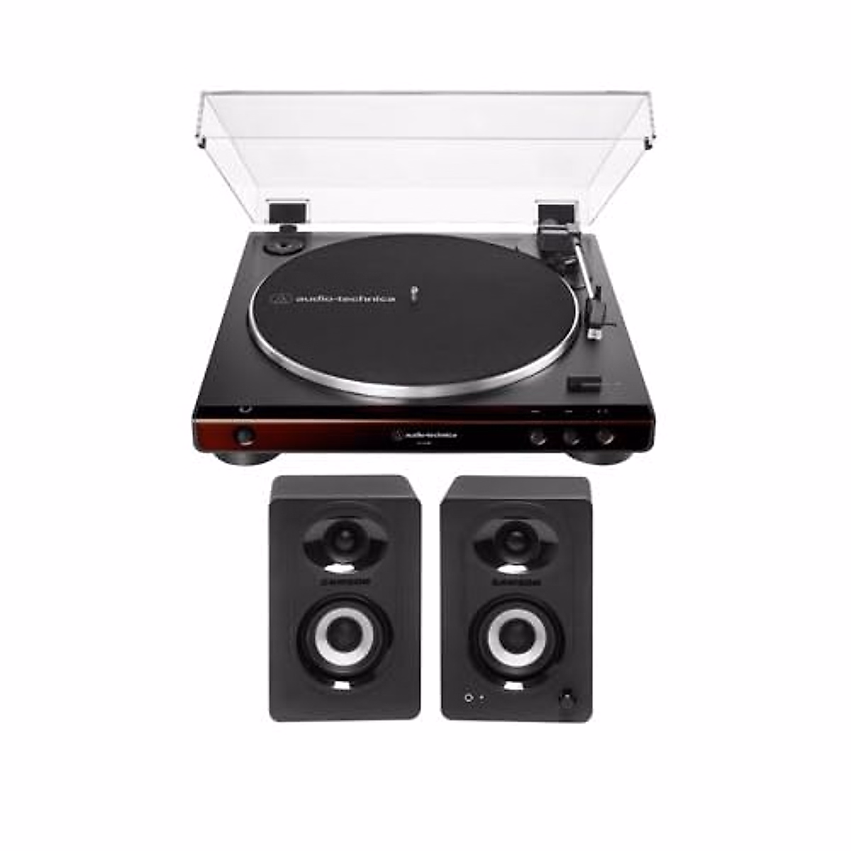 Audio-Technica AT-LP60X Fully Automatic Belt-Drive Stereo Turntable (Brown) Bundle with Bluetooth Studio Monitors - Pair (2 Items)