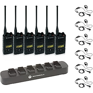 6 Pack of Motorola RDU4160d Radios with 6 Push to Talk (PTT) earpieces and a 6-Bank Radio Charger