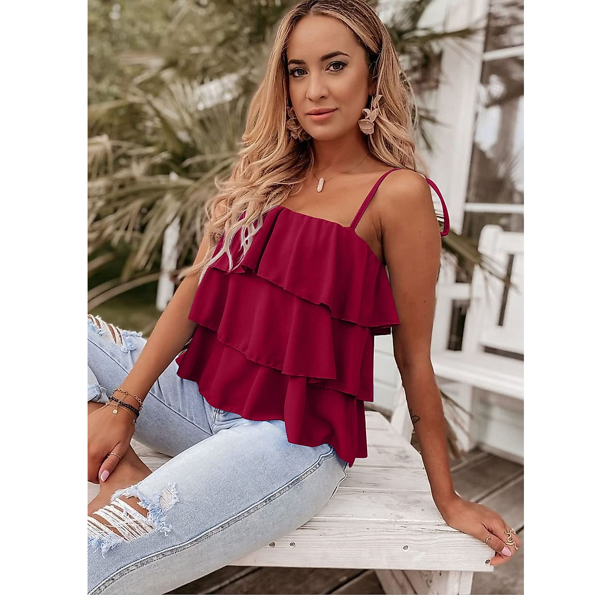 KIRUNDO Women's 2025 Summer Spaghetti Strap Cami Tank Tops Tiered Ruffle Tie Shoulder Flowy Sleeveless Shirts Camisole(Jujube Red, Medium)