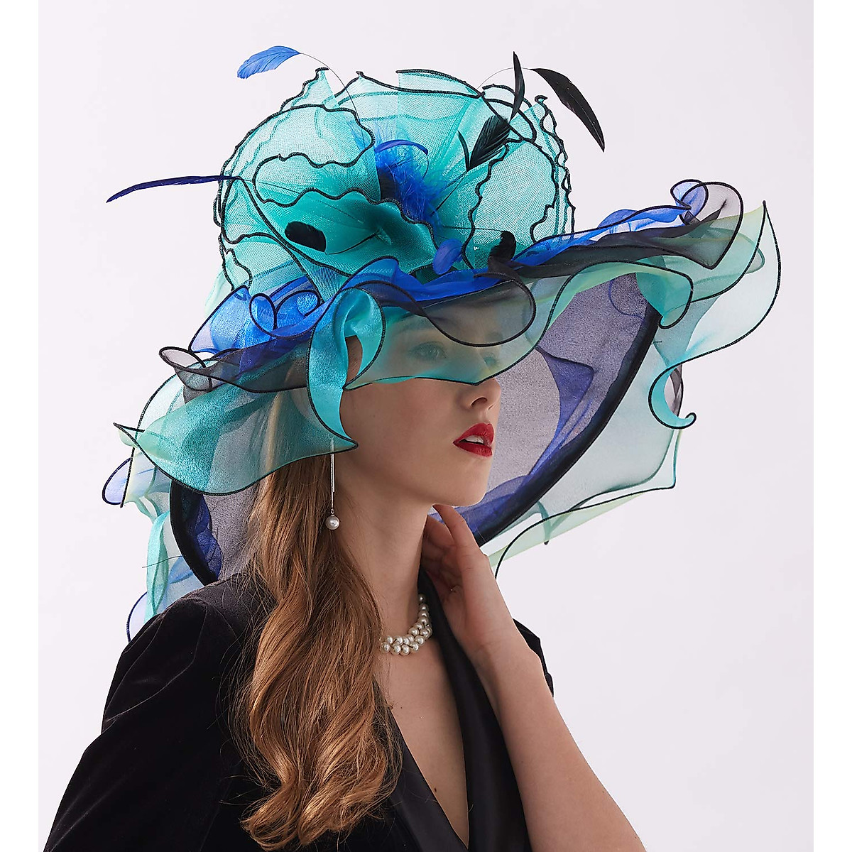 TLMNU Women Derby Church Hat Organza Flower Wedding Tea Party Fascinator Hat Wide Brim Sun Hat 01Green,Blue