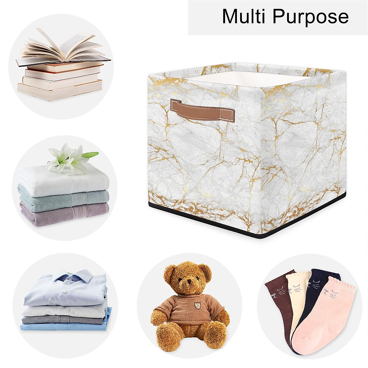 KOBLEN Marble Golden Square Storage Basket Collapsible Storage Box Clothes Basket 13x13 Inch Large Cube Storage Bin With PU Leather Handle for Home Office Closet Shelves