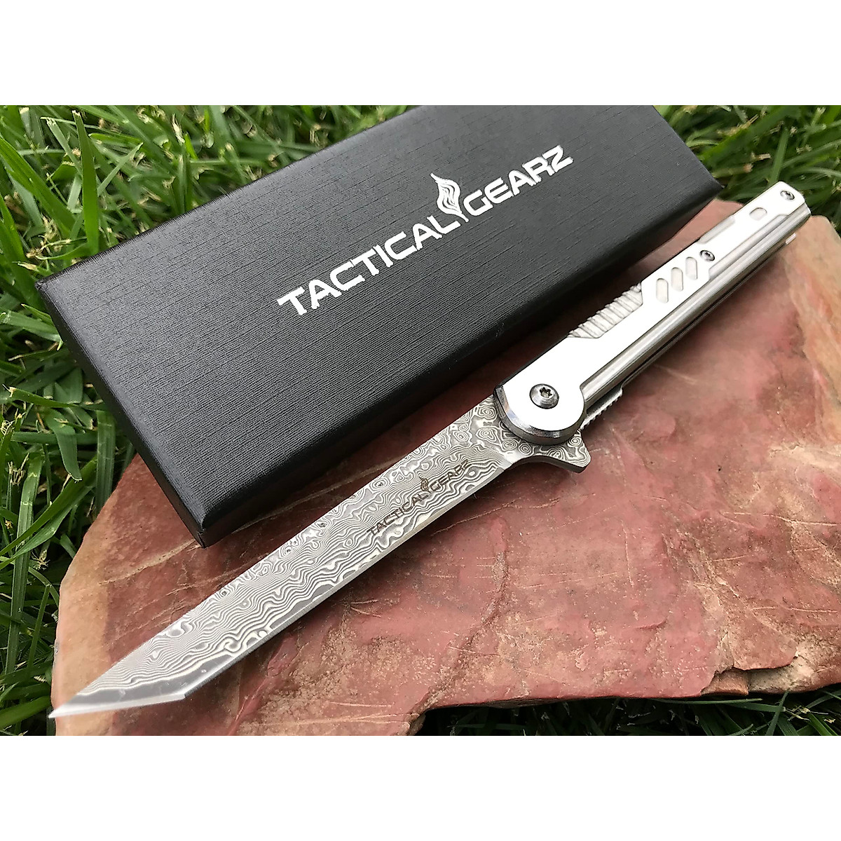 TACTICAL GEARZ Damascus Pocket Knife for EDC! Stainless Steel Handle! 67 Multi Layered Damascus Steel Tanto Blade! Includes Sheath! (Kraz XT)