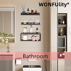 WONFUlity 3-Shelf Bathroom Shelves, Floating Shelves with Storage Basket, Over Toilet Paper Holder, Farmhouse Wood Wall Shelves for Living Room, Kitchen, 16x5.9x5.5 inches, Walnut