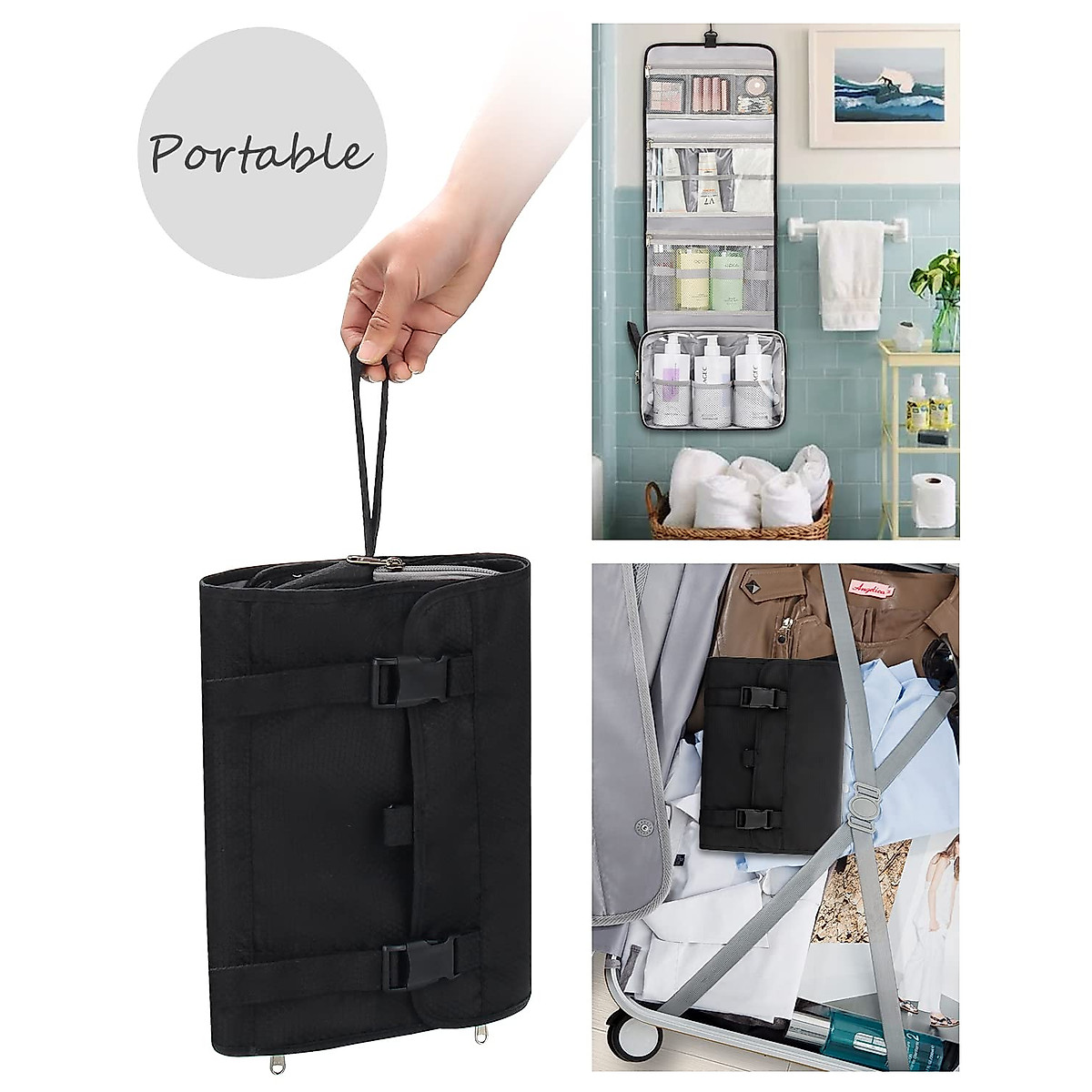 Relavel Travel Toiletry Bag for Men, Hanging Toiletry Bag for Women Makeup Cosmetic Storage Organizer Large Capacity Travel Kit Shaving Bag for Full Sized Container Black