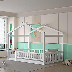 Harper & Bright Designs Full House Bed with Rails,Full Floor Bed for Kids,Full Size Montessori Bed Frame with Support Slats,Wooden Kids Full Playhouse Beds for Boys Girls(White)
