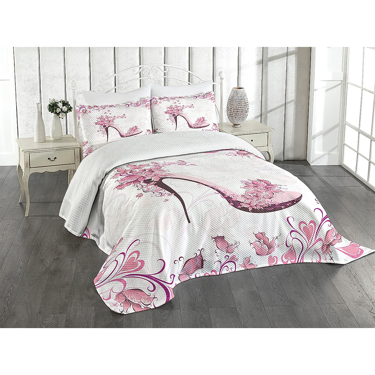 Lunarable Pink and Bedspread, Ornamental Butterflies and Hearts on a High Heel Shoe Feminine Pattern, Decorative Quilted 3 Piece Coverlet Set with 2 Pillow Shams, Queen Size, Pink