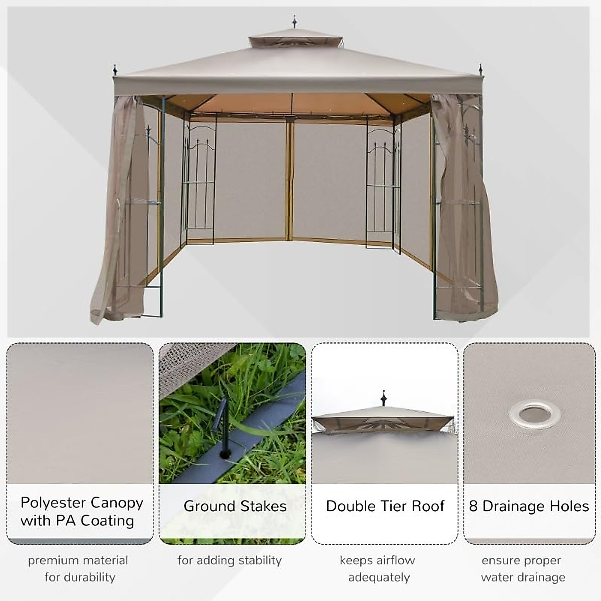 10 X 10ft Hardtop Gazebo, Steel Outdoor Patio Gazebo Canopy, Double Roof Gazebo with Removable Mesh Curtains, Outdoor Steel Frame Vertical Stripes Roof Permanent for Deck Backyard Garden Lawns