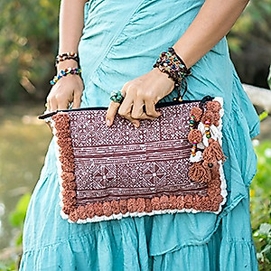 changnoi Unique Fair Trade Woman's Clutch Bag/Ipad Holder with Pom Pom (Brown)