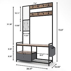 NAIYUFA Entryway Hall Tree with Drawer,Coat Rack with Mirror,Vintage Industrial Hall Tree with Shoe Bench,5-in-1 Storage Rack with 8 Hooks and Grid Panel