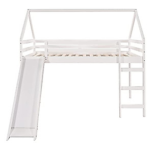 Merax Wooden Montessori Low Loft Bed with Slide Stairs, Full Guardrail House Loft Bunk Bed for Kids Boys,Girls, No Box Spring Need Full White