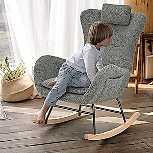 Kvutx Rocking Chair Nursery with High Back, Glider Armchair with Padded Cushion and Headrest Pillow, Modern Rocker Chairs for Living Room/Bedroom/Baby Room