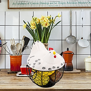 AVLA Chicken Egg Basket, Black Wire Egg Collection Baskets with Ceramic Lid for Gathering Fresh Eggs, Chicken Egg Holder, Decorative Farmhouse Style Cute Egg Storage Container for Kitchen, Countertop