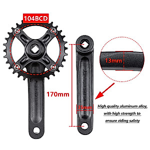 Cyclon Single Speed Square Taper Crankset, 170mm Mountain Bike Crankset with 104BCD 32T/34T/36T/38T/40T/42T Narrow Wide Tooth Round Black Chainring, Replacement for Bicycle Crank Arm Set MTB Crankset