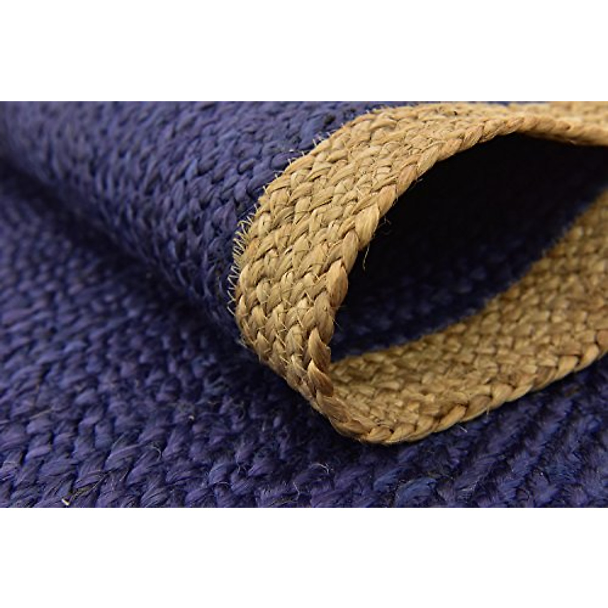 Unique Loom Braided Jute Collection Classic Quality Made Natural Hand Woven with Solid Color Detail, Area Rug, Runner 2' 6" x 6' 0", Navy Blue/Tan