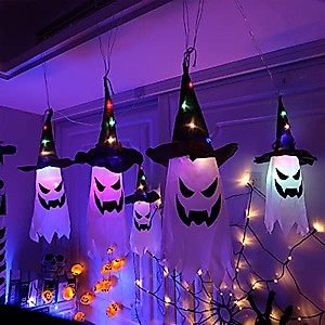 CUNGLIN Outdoor Halloween Decorations Hanging Ghost with Witch Hats, 5 Pack Lighted Ghosts Halloween Decor Indoor, Led Colorful String Lights Waterproof Battery for Home Porch Yard Garden Outside