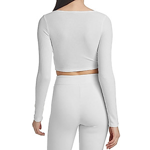 Santch Cropped Long Sleeve Workout Yoga Tops Ribbed Athletic Sport Shirt Tennis Tops Gym Tops for Women White M
