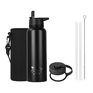 Stainless Steel Water Bottle 40 oz, 2 type Lid, Straw Lid, Wide Mouth, Leak Proof, Vacuum Insulated Stainless Steel, Double Walled, Carrying Pouch, Hot Cold Water, Powder Coating (Black)