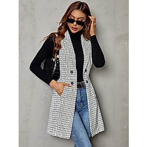 Floerns Women's Plaid Print Button Front Sleeveless Lapel Collar Blazer Jacket White XL