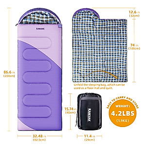 KANYAK Water-Resistant Portable Purple Sleeping Bag for Adults Teens and Kids, Perfect Outdoor Companion for 3-4 Season Hiking，Hunting，Camping and Backpacking