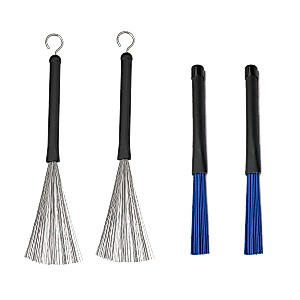 Jiayouy Retractable Drum Brushes Set 1 Pair Drum Wire Brushes and 1 Pair Nylon Brushes set for Cajon Jazz Acoustic Drummer Playing Music Lover