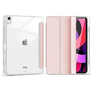 Hoidokly iPad Air 5th Generation Case iPad Air 4th/5th Clear Case 10.9 inch 2022 2020 (A2588/A2589/A2591/A2316/A2324/A2325/A2072) with Transparent Back/Pencil Holder/Auto Sleep (Pink)