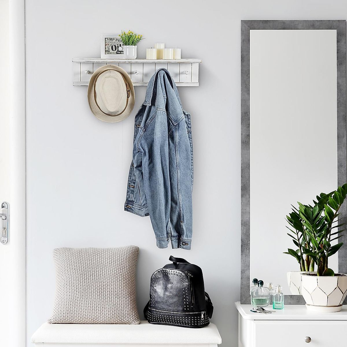 MyGift Wall Mounted 5-Hook Vintage White Wood Floating Bathroom Shelf & Towel Rack