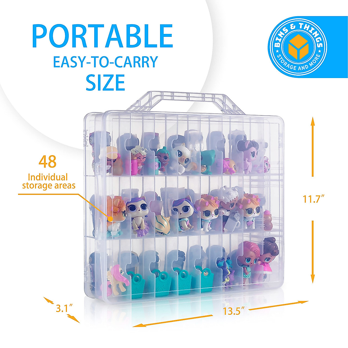 Bins & Things 48 Slot Toys Organizer - Compatible with Calico Critter, Hot Wheels, Tsum Tsum, MatchBox - Plastic Storage Display Case with Carrying Handle - Collection Box - 13.5x11.7x3.2 Inches