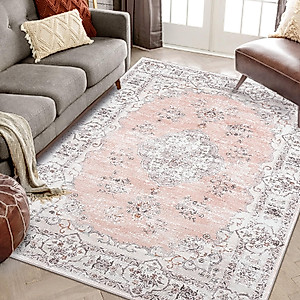 ROYHOME Area Rug 8x10 Washable Rugs Living Room Rug Non-Slip Vintage Rug Ultra Thin High Traffic Rugs Soft Low Pile Indoor Distressed Floor Carpet for Bedroom Dining Room, Pink