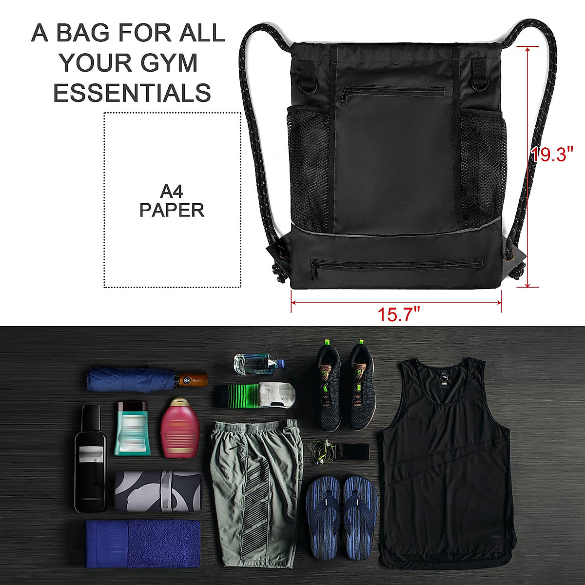 BeeGreen Black Basketball Backpack Drawstring Bag Basketball Accessories String Bag w Hidden Ball Net Gym Sports Cinch Sack w Bottle Holder & Zipper Pockets Workout Equipment Bags for Volleyball Men