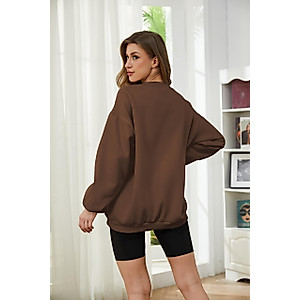 Meladyan womens Halloween Skull Graphic Print Fleece Oversized Sweatshirt Crewneck Long Sleeve Drop Shoulder Pullover, Vintage Brown, Large