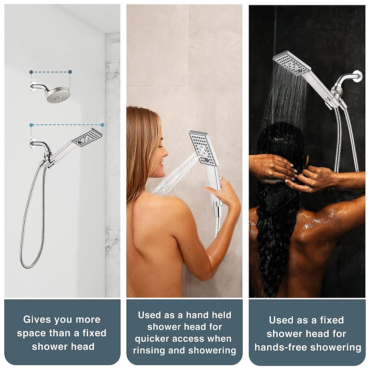 BRIGHT SHOWERS High Pressure Handheld Shower Head Set, High Flow Hand Held Showerhead with 60" Long Stainless Steel Hose and Adjustable Wall Bracket, 3 Spray Setting Shower Wand, Brushed Nickel