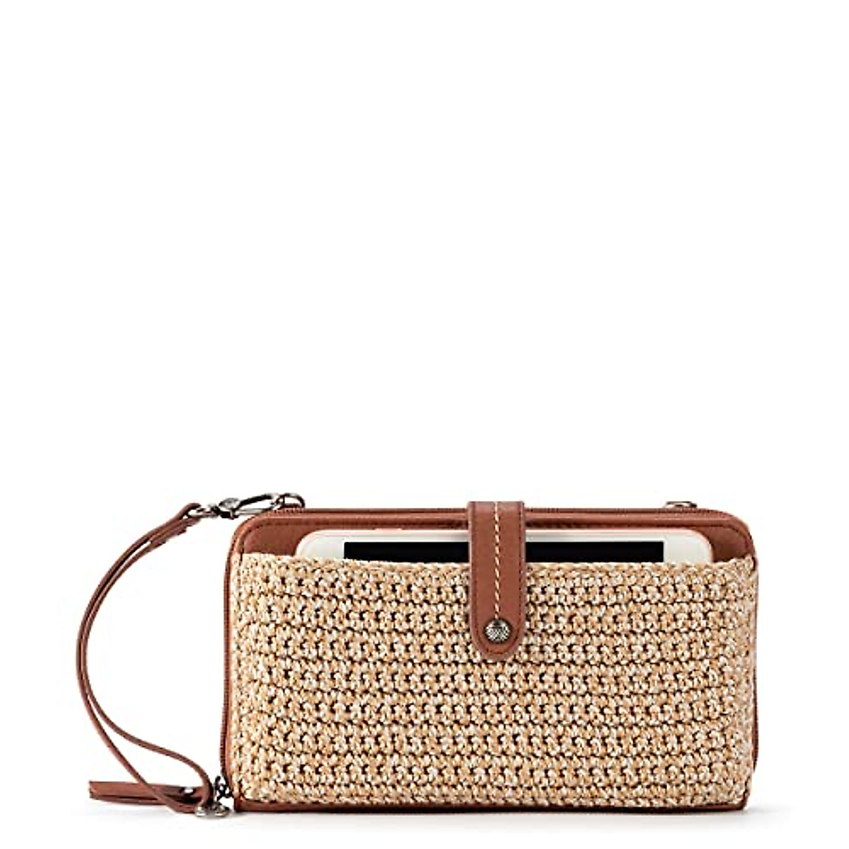 The Sak Iris Large Smartphone Crossbody Bag in Crochet and Faux Leather, Convertible Wristlet Purse Design, Bamboo Static