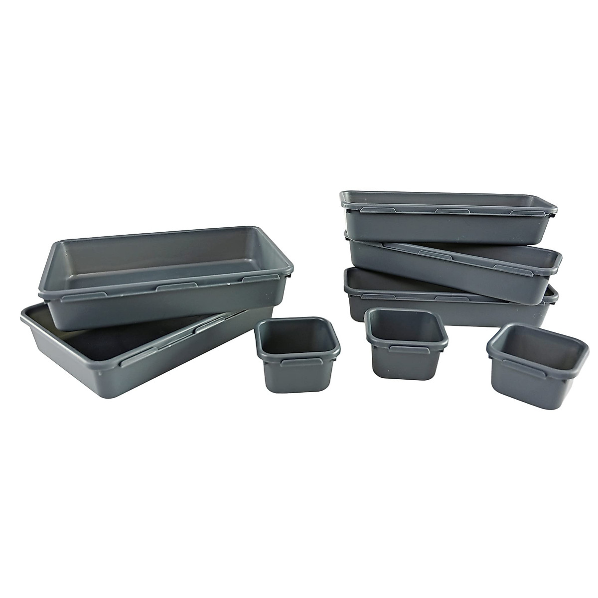 HOME-X Connecting Organizer Trays, Set of Interlocking Adjustable Trays for Organizing Office Supplies and Kitchen Utensil Drawers, Set of 8, 3 Sizes, Gray