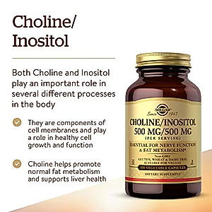 Solgar Choline/Inositol 500 mg/500 mg, 100 Vegetable Capsules - Energy Metabolism, Liver Health, Essential for Brain & Nerve Function - Non-GMO, Vegan, Gluten Free, Dairy Free, Kosher - 100 Capsules